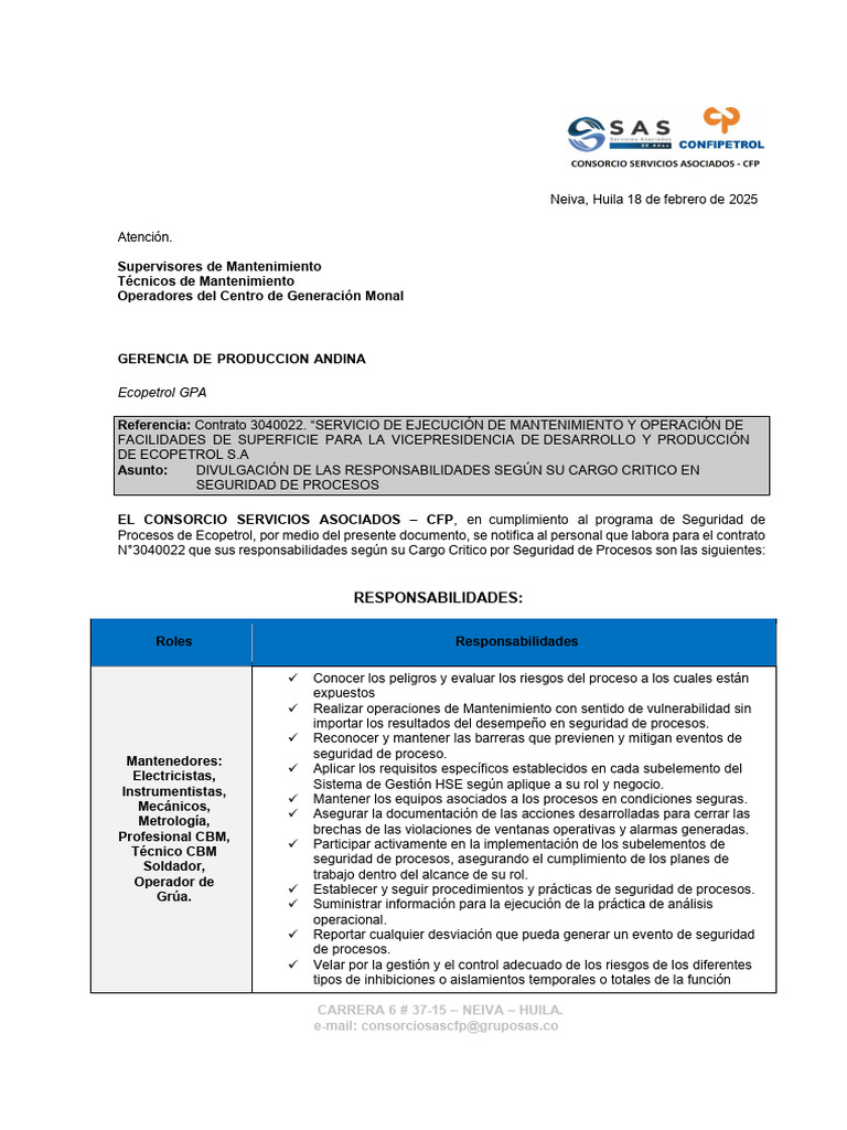 Memorando Responsabilidades Cargos Críticos Seguridad de Procesos | PDF
