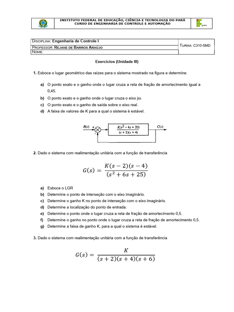 Exercicios UnidadeIII Parte1 | PDF | Engenharia de Controle