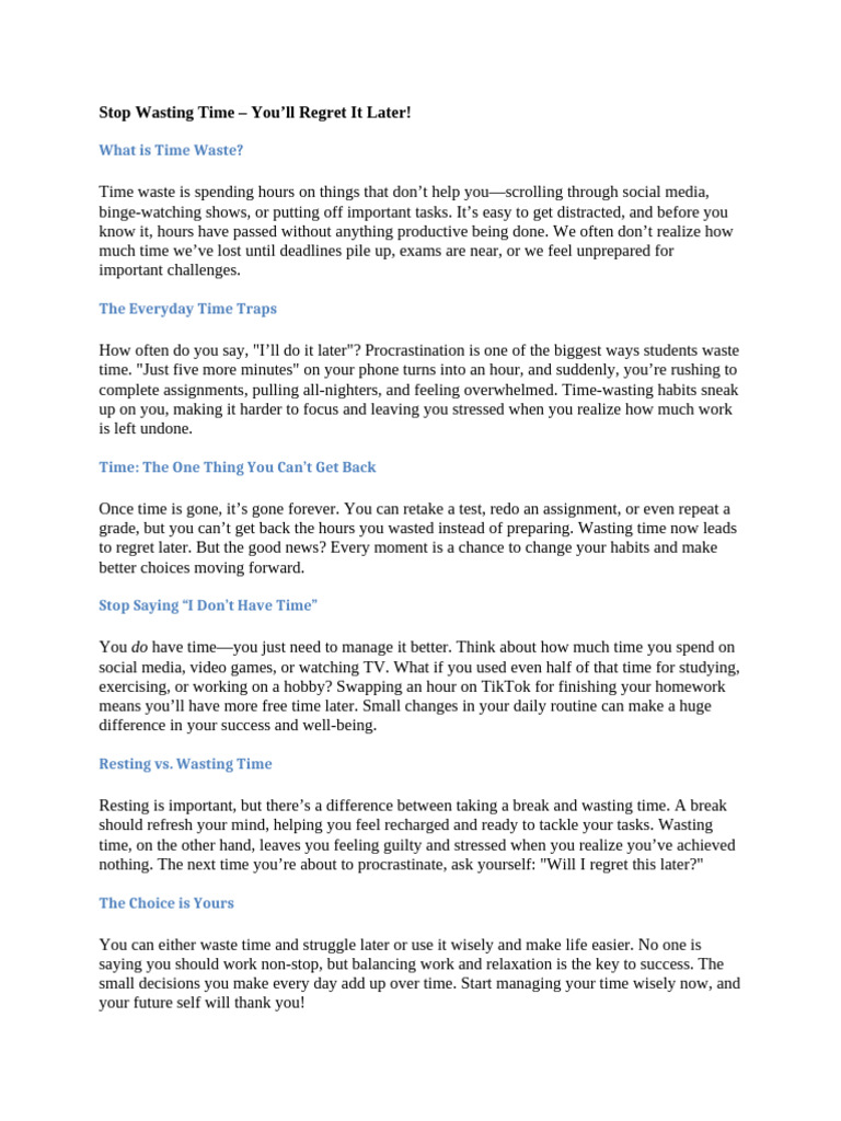 Stop Wasting Time - You'll Regret It Later!: What Is Time Waste? | PDF