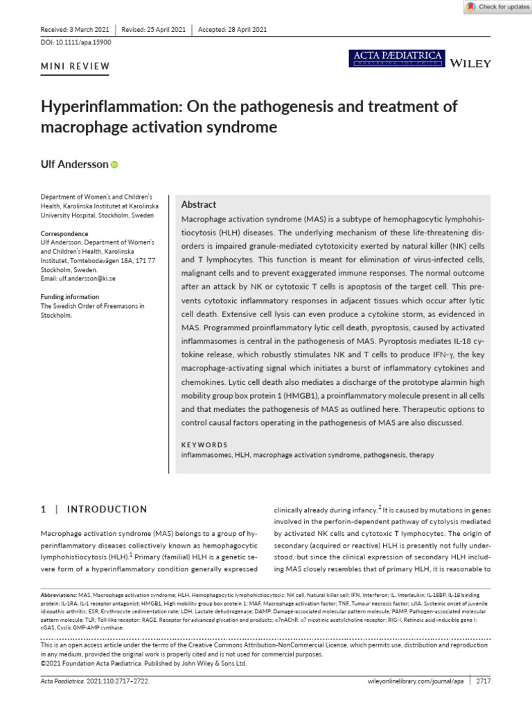 Acta Paediatrica 2021 Andersson Hyperinflammation On The Pathogenesis ...