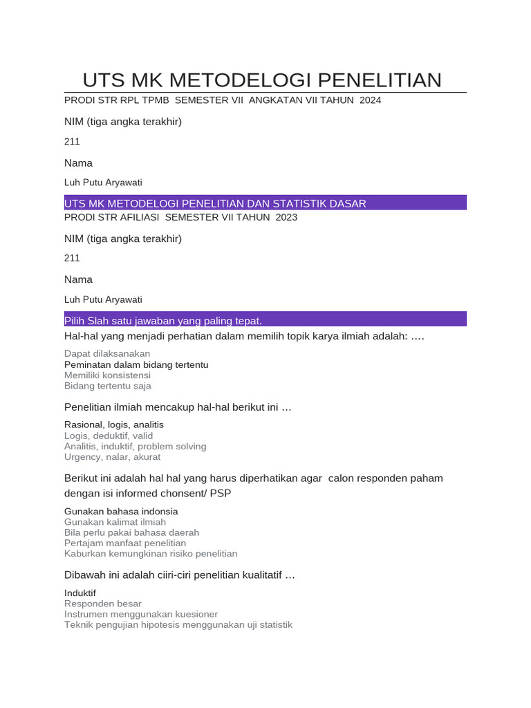 Uts MK Metodelogi Penelitian | PDF
