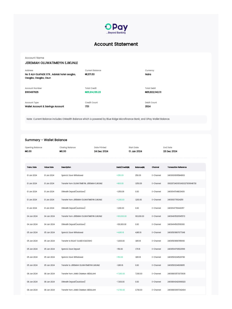 Opay Bank Statement | PDF | Debit Card | Banks