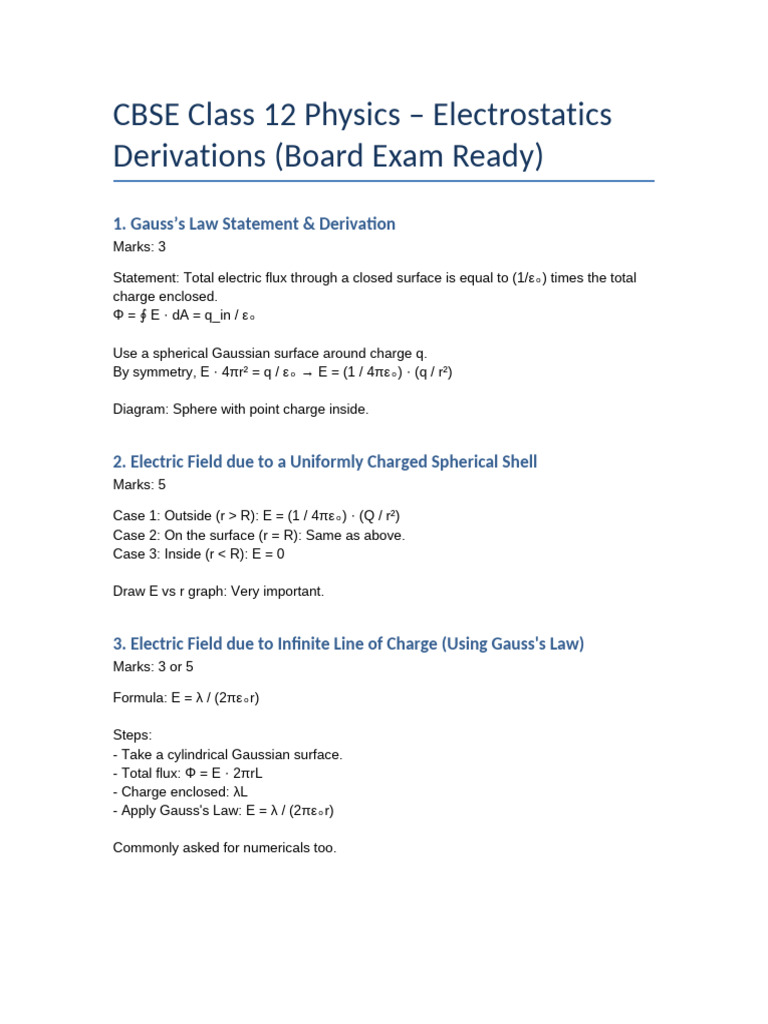 CBSE Class 12 Electrostatics Derivations | PDF