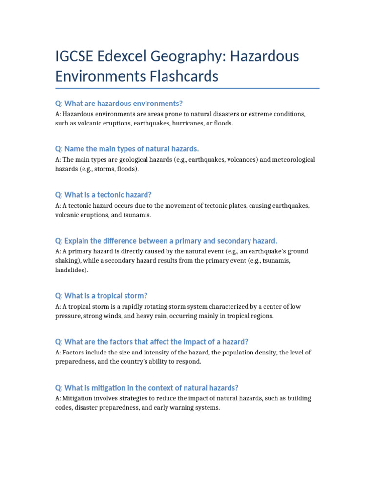 IGCSE Geography Hazardous Environments Flashcards | PDF | Natural ...