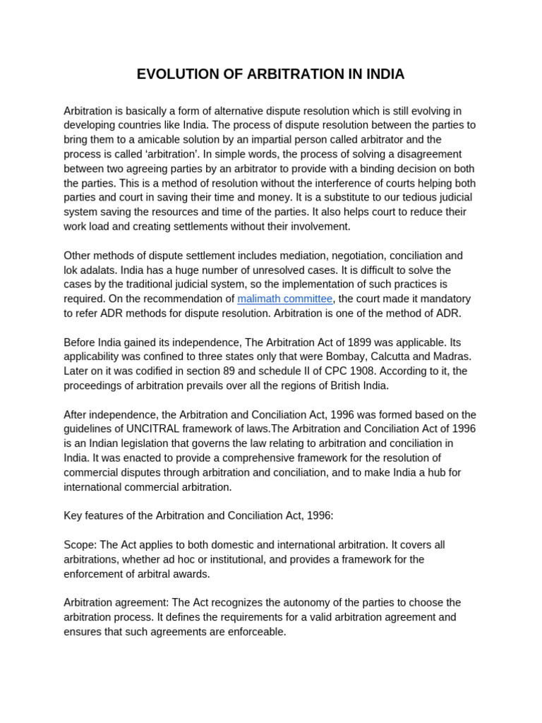 Evolution of Arbitration in India | PDF | Arbitration | Alternative ...