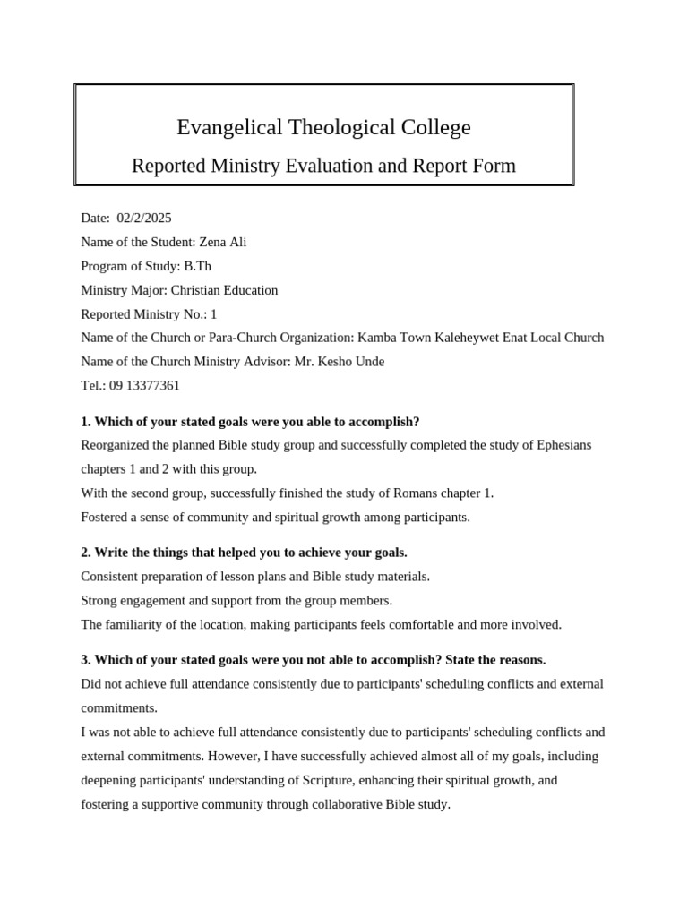 Reported Ministry Evaluation Report11 | PDF | Bible | Knowledge