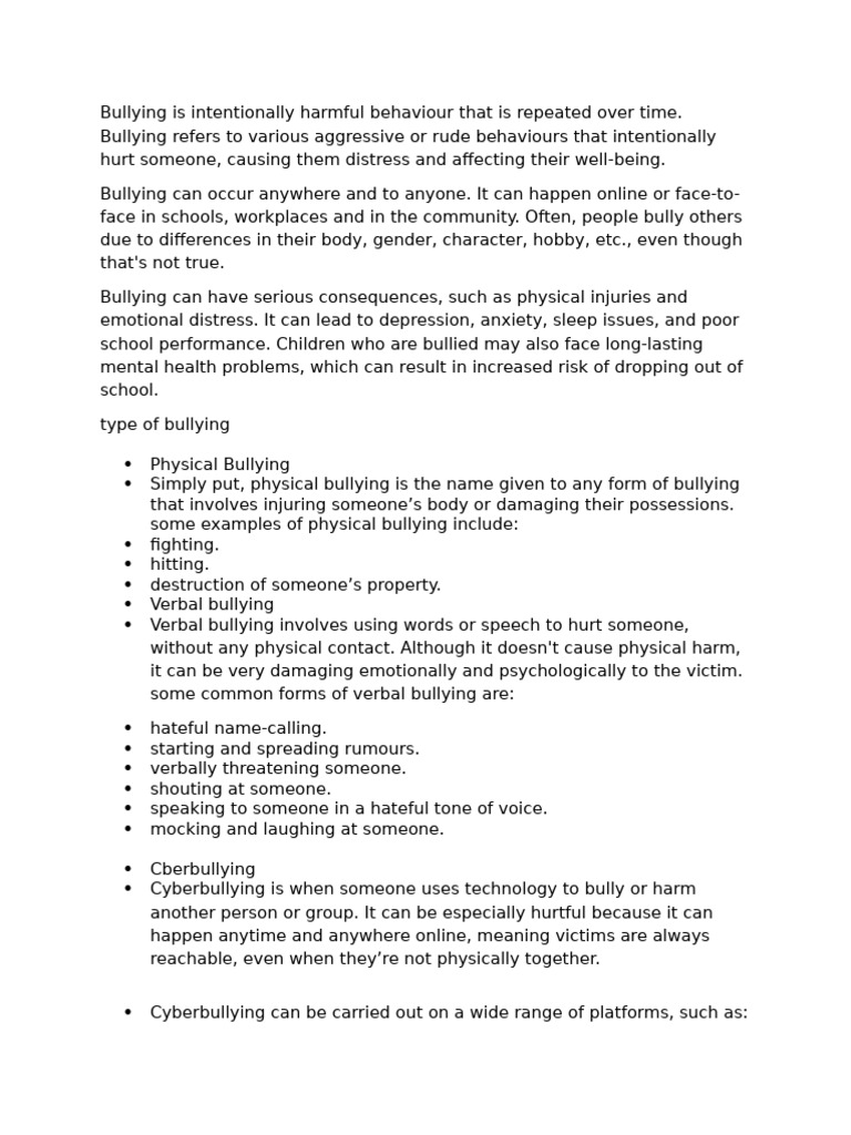 Bullying Is Intentionally Harmful Behaviour That Is Repeated Over Time ...