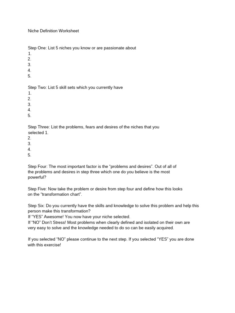 Niche Definition Worksheet | PDF