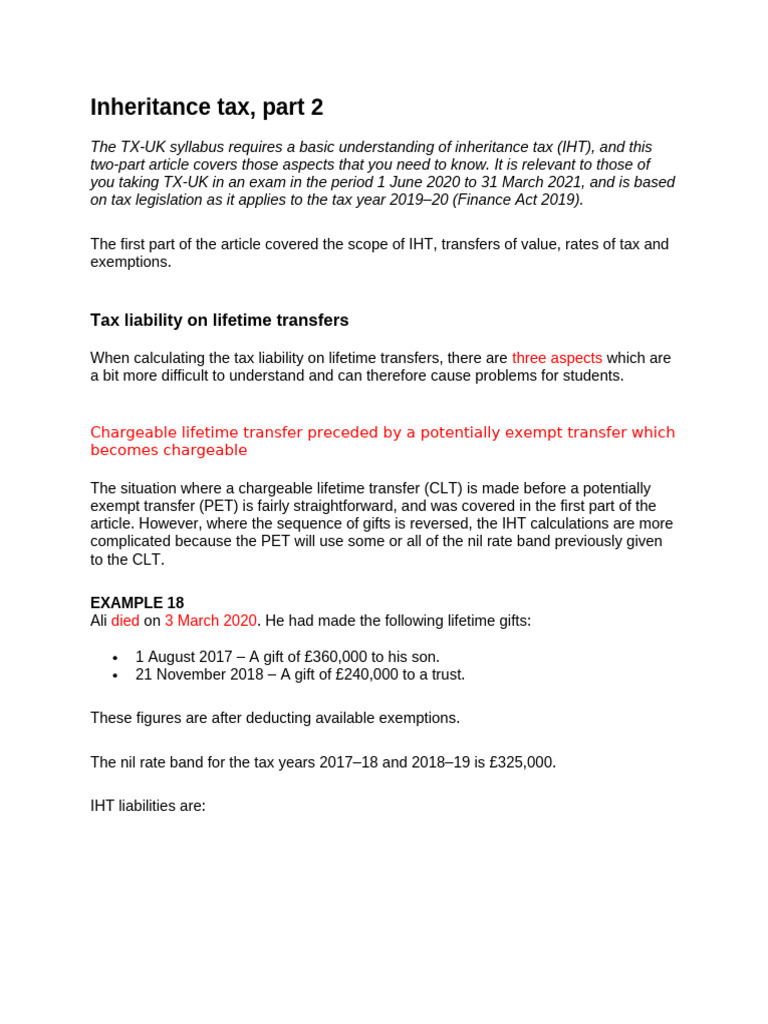 IHT400 Notes: Lifetime Transfers Explained | PDF | Life Insurance ...
