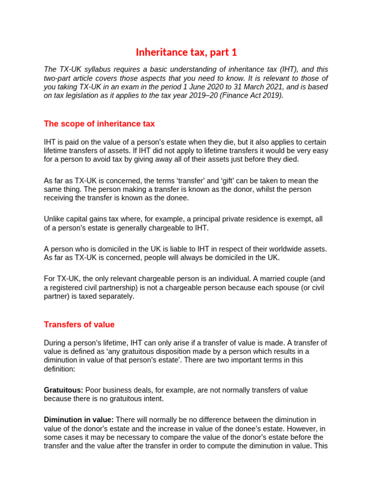 Inheritance Tax (IHT) Part 1 | PDF | Taxes | Government Finances