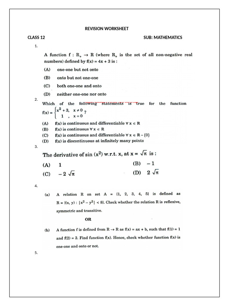 Class 12 Mathematics Revision Worksheet | PDF
