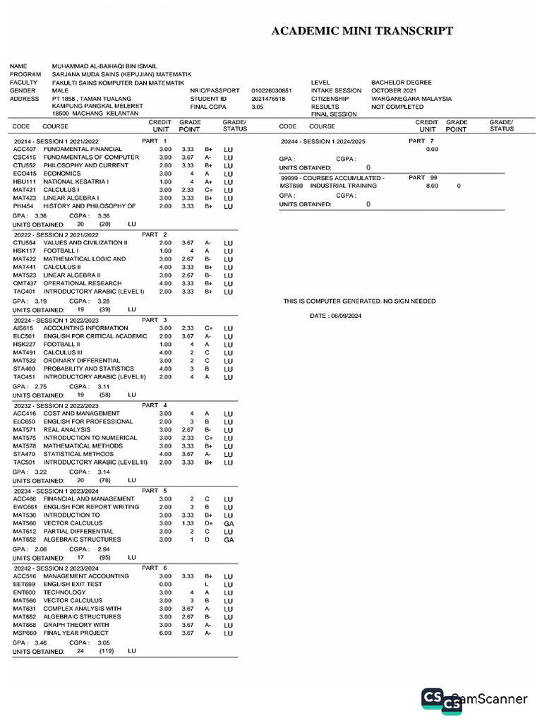 Transkrip Uitm | PDF