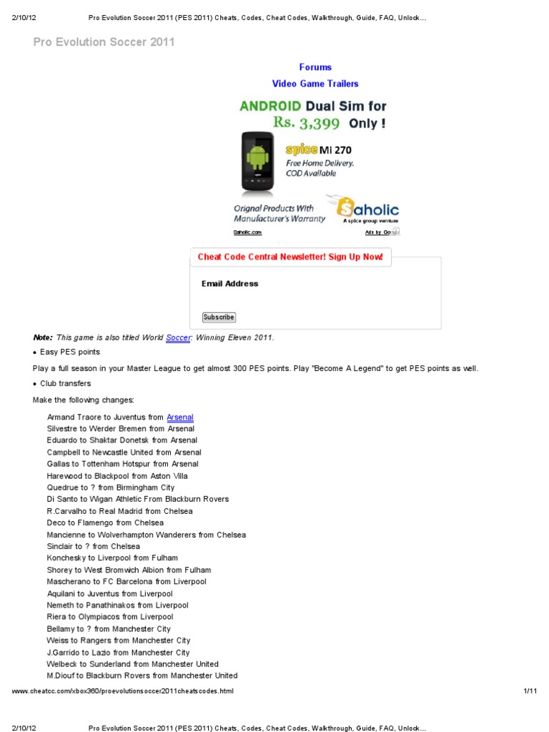 PES 2011 Cheats and Unlock Codes | PDF | Video Game Gameplay | Sports