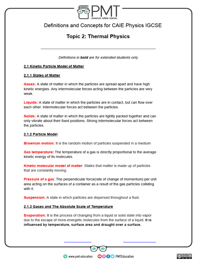 Definitions - Topic 2 Thermal Physics - CAIE Physics IGCSE (2) | PDF | Temperature | Gases