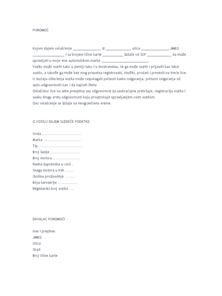 Punomoc Za Motorno Vozilo | PDF