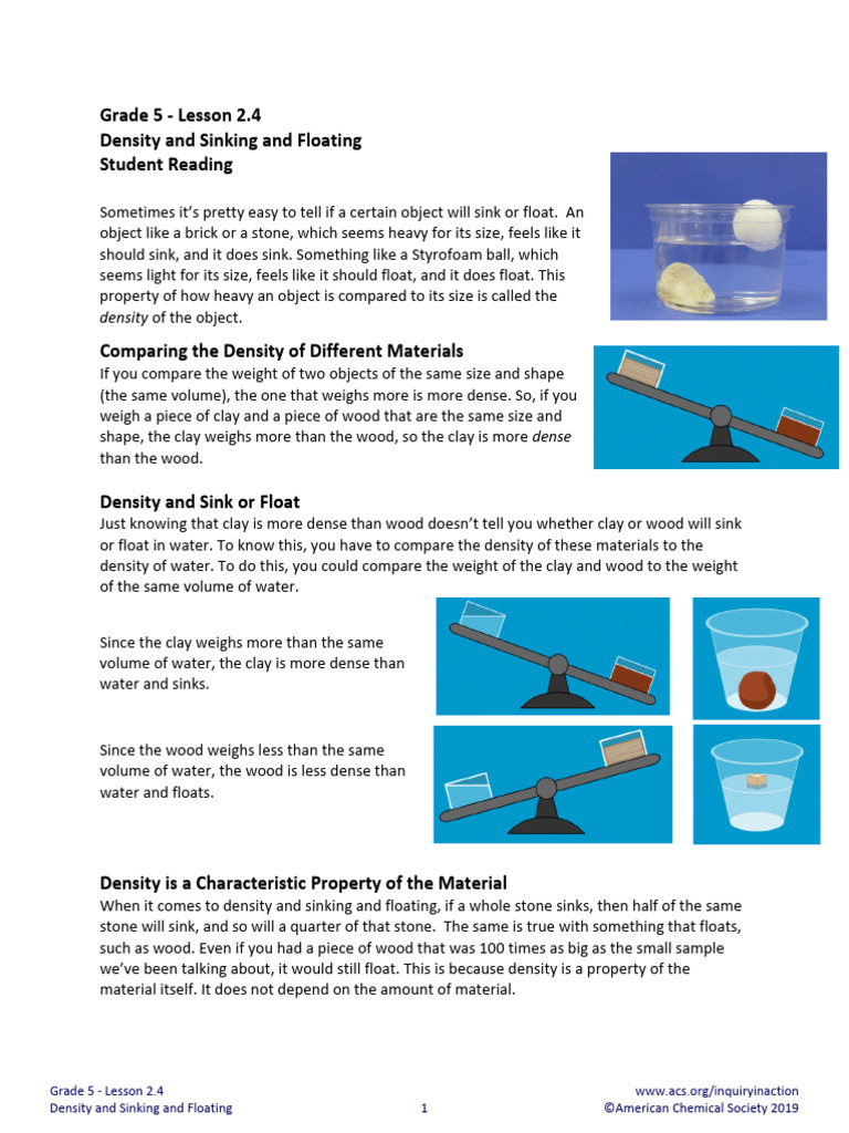 Grade 5 - Lesson 2.4 Density and Sinking and Floating Student Reading | PDF