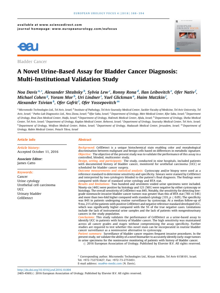 Novel Urine Test for Bladder Cancer Diagnosis | PDF | Sensitivity And ...