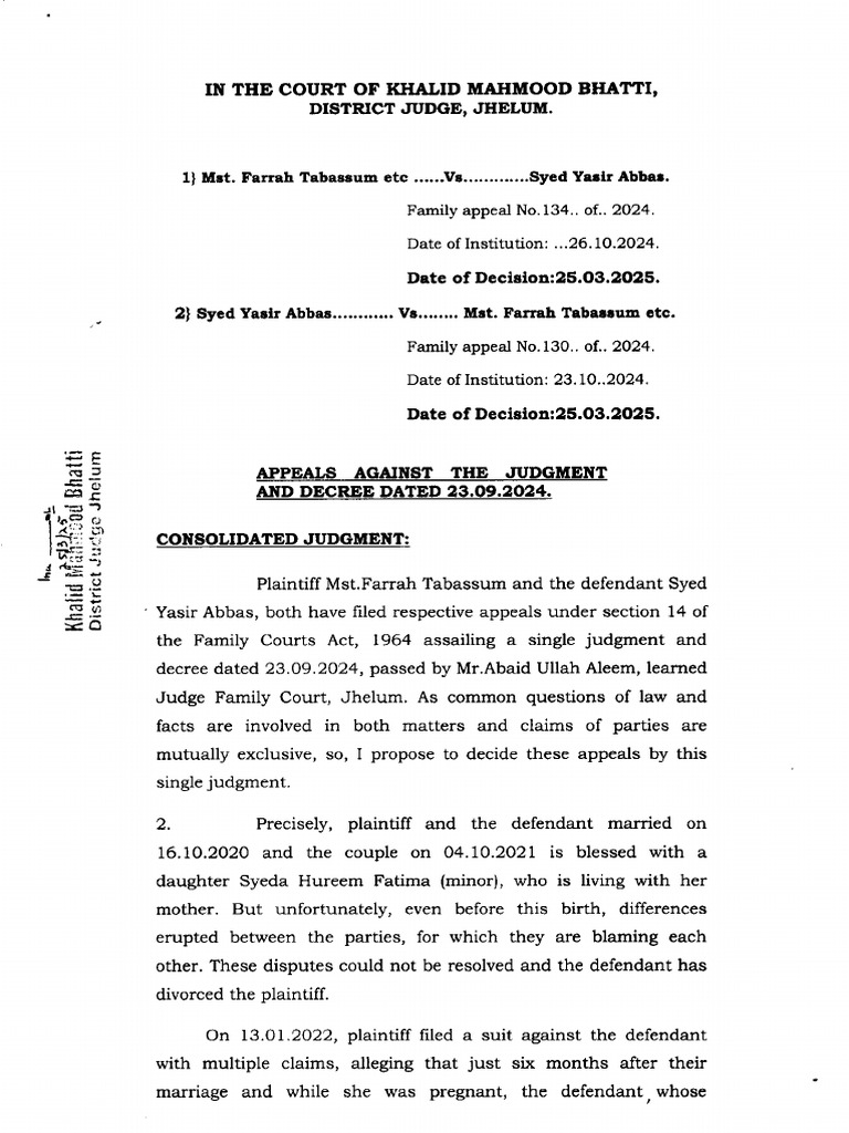 Sample Civil Court of Jhelum Judgement On Family Matters-1-3 | PDF