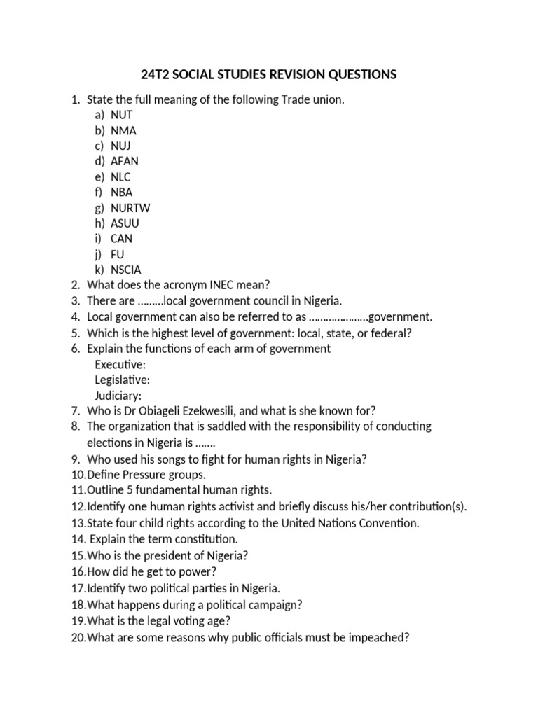 SOCIAL STUDIES REVISION QUESTIONS | PDF