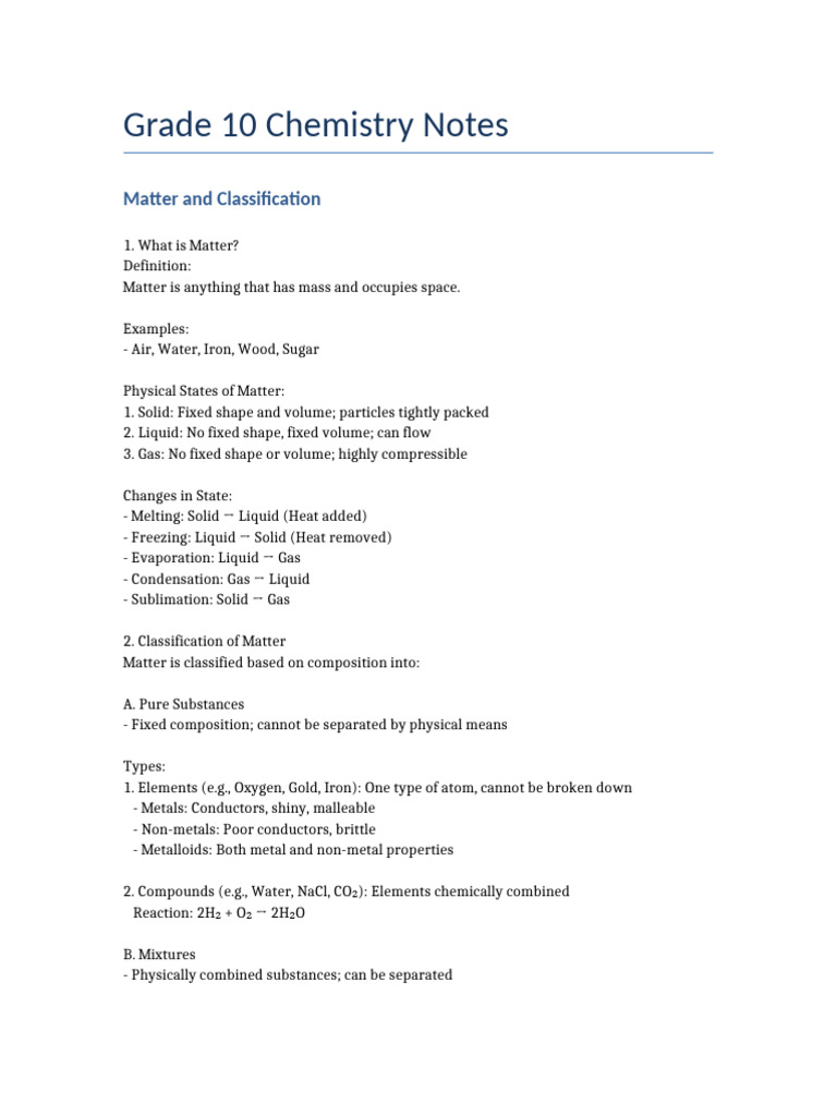 Grade 10 Chemistry Matter and Classification | PDF | Chemical ...