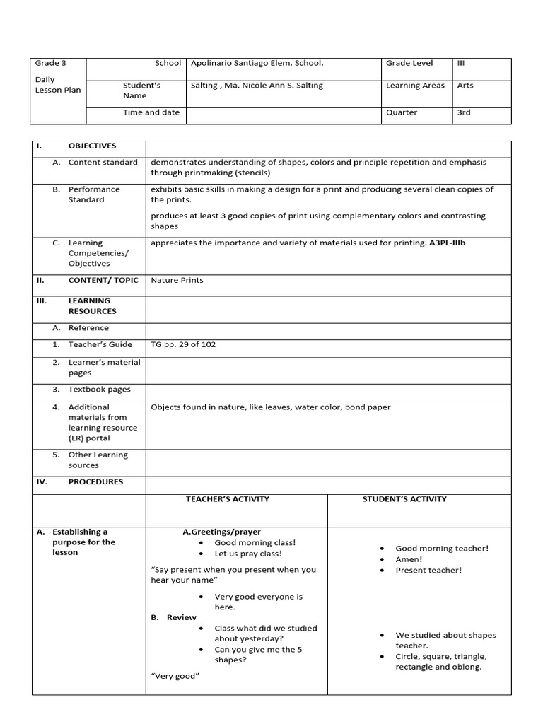 Grade 3 Nature Printmaking Lesson Plan | PDF | Learning