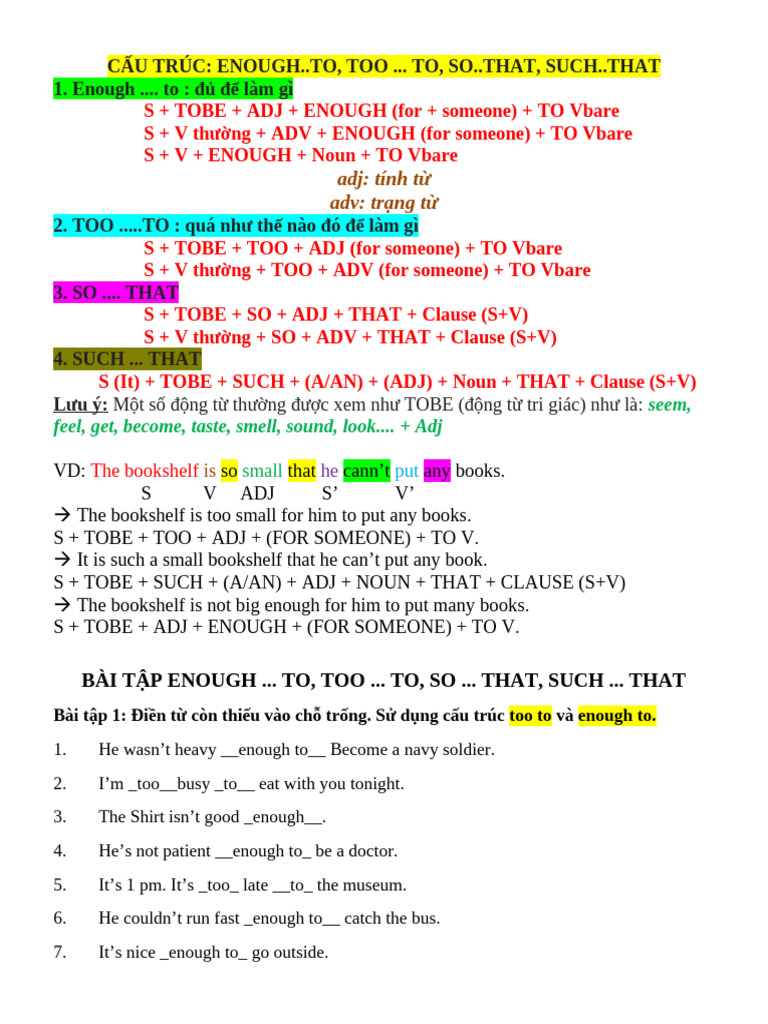 Cấu Trúc Too...to, Enough ...to, So....That, Such...That | PDF