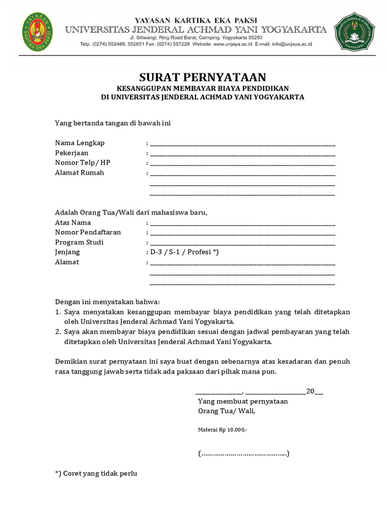 Pernyataan Kesanggupan Membayar Biaya Kuliah - Maba | PDF