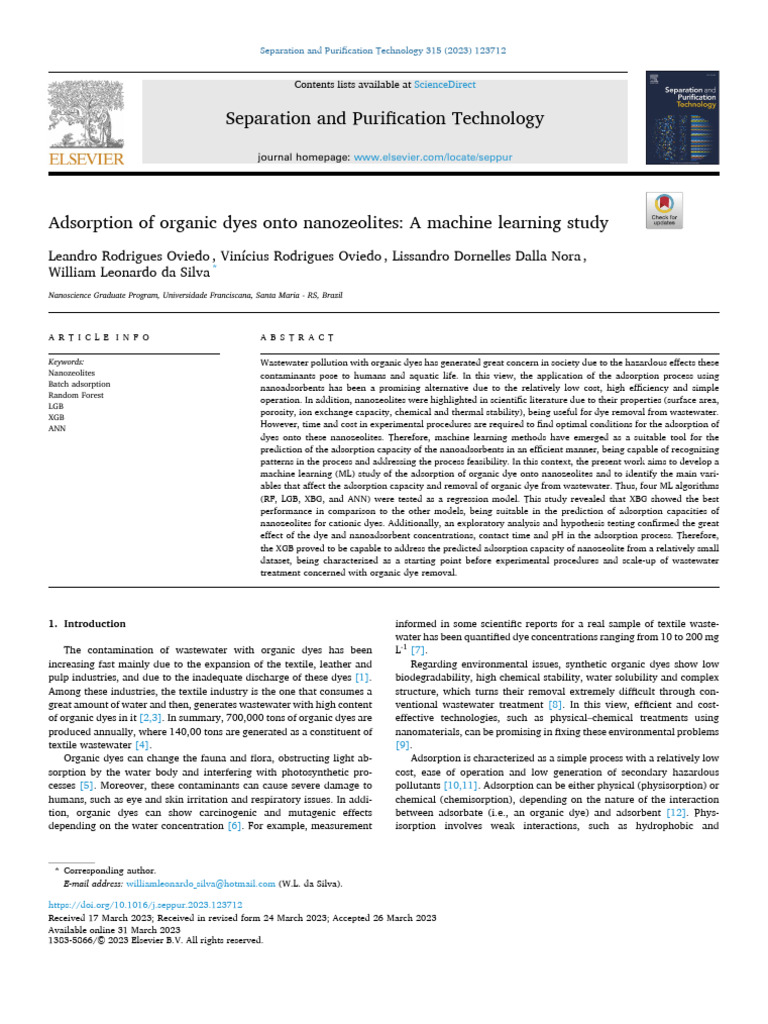 1 s2.0 S1383586623006202 Main | PDF | Machine Learning | Adsorption