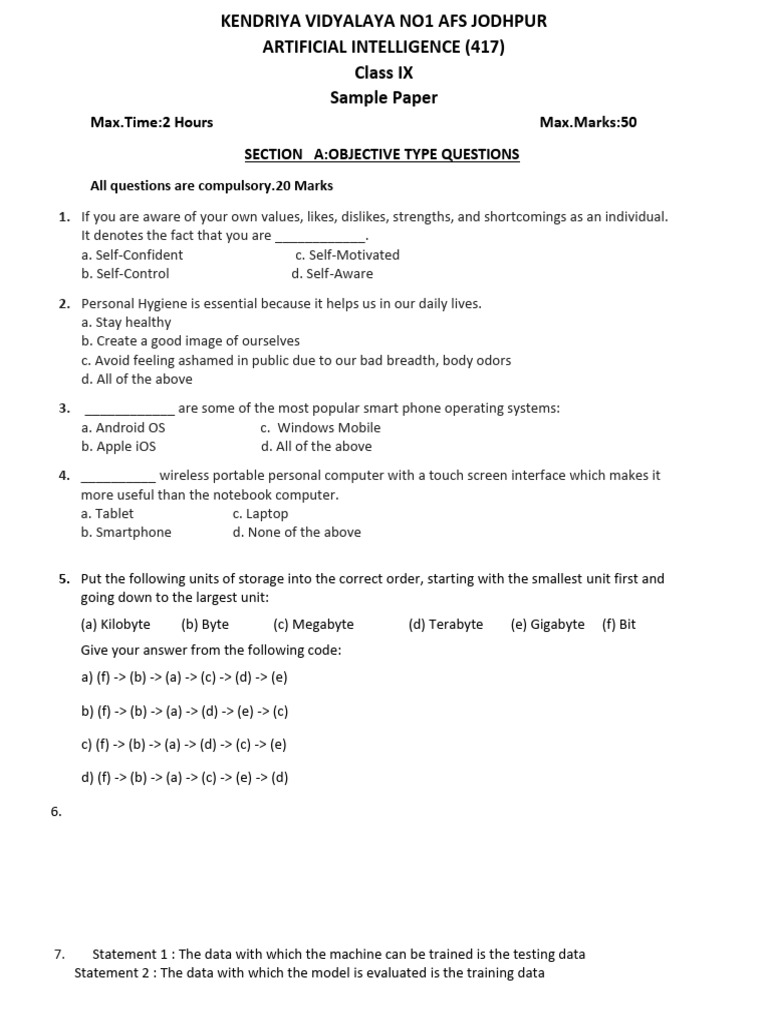 Sample Paper of Ai IX | PDF | Artificial Intelligence | Intelligence ...