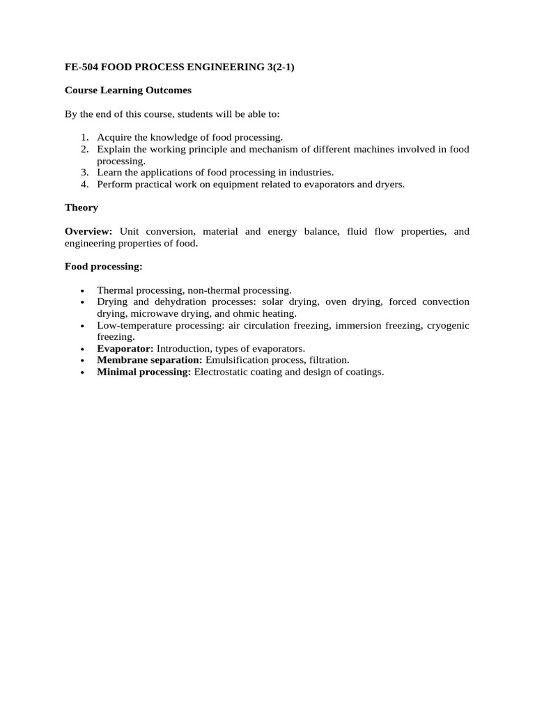 FE-504 FOOD PROCESS ENGINEERING 3(2-1) | PDF | Food Preservation | Water