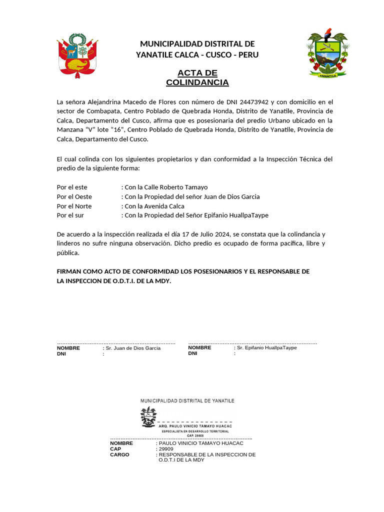 Acta de Colindancia en Yanatile, Cusco | PDF