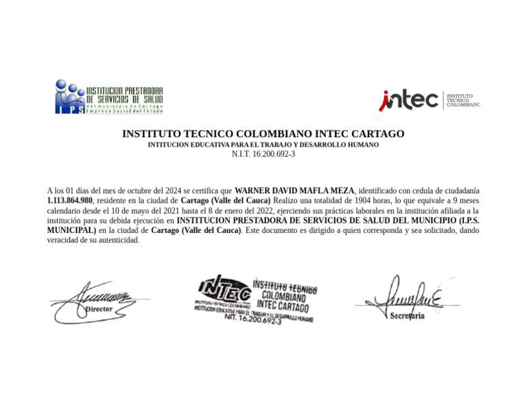 Instituto Tecnico Colombiano Intec Cartago | PDF