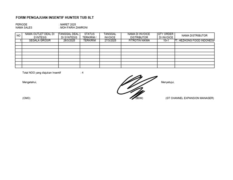 Form Pengajuan Insentif NOO Hunter Sales Executive HFI | PDF