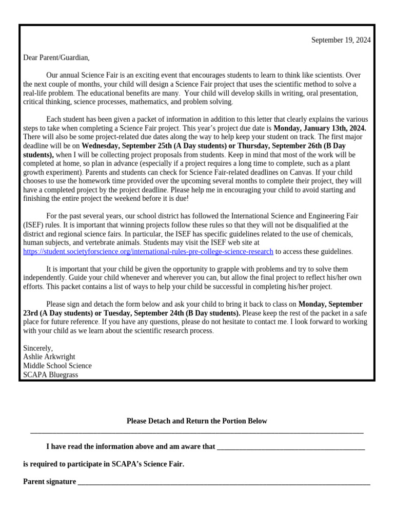 2024 Science Fair Parent Letter | PDF | Science | Inquiry