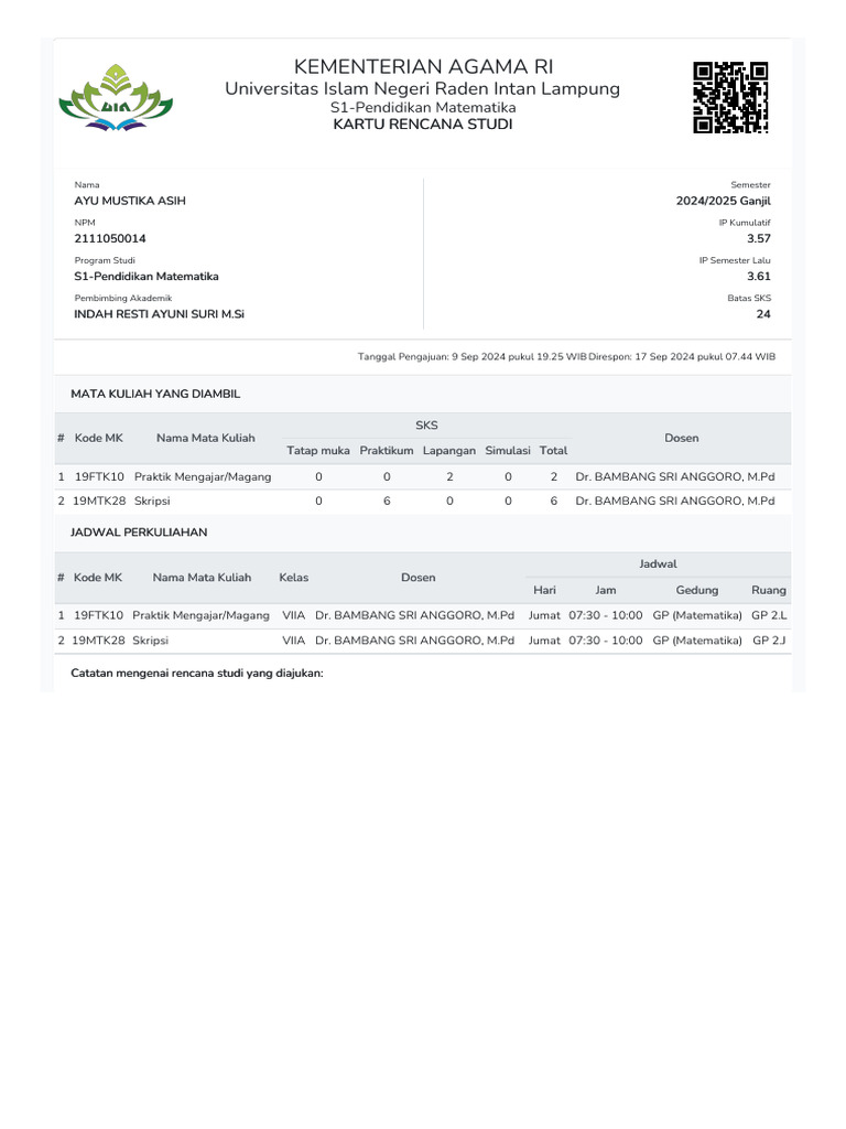Kartu Rencana Studi - 2111050014 | PDF