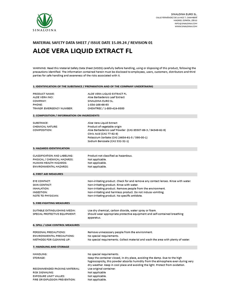 Aloe Vera Liquid Extract MSDS | PDF | Toxicity | Hazards