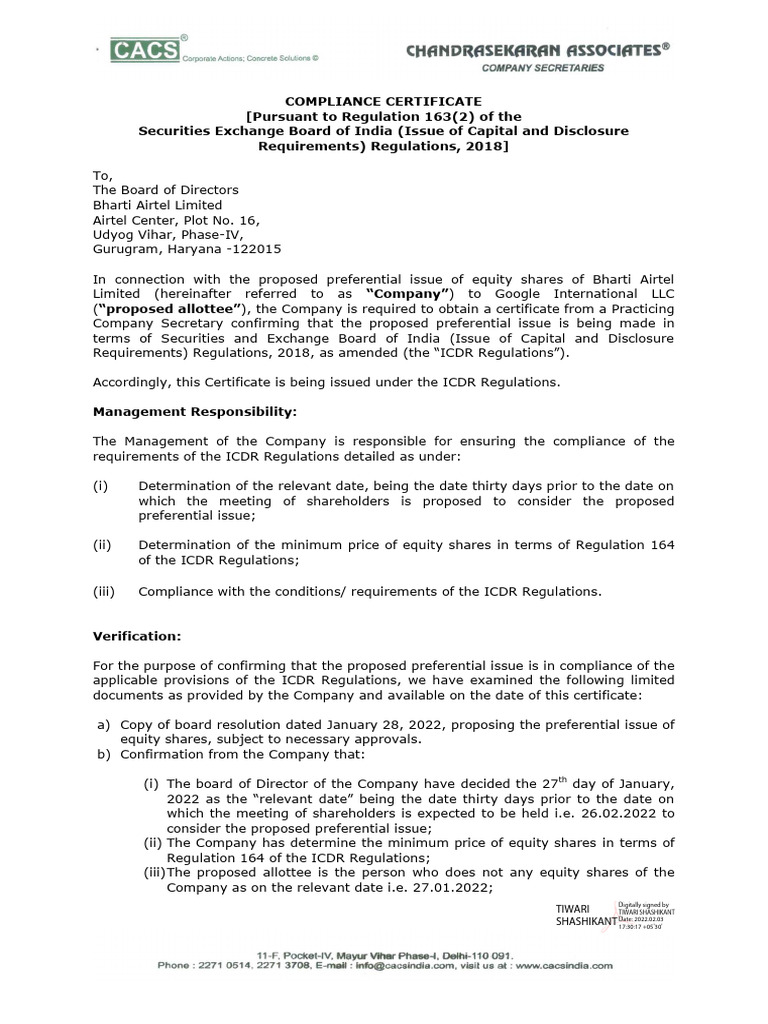 Certificate ICDR v3 040222 | PDF | Stocks | Board Of Directors