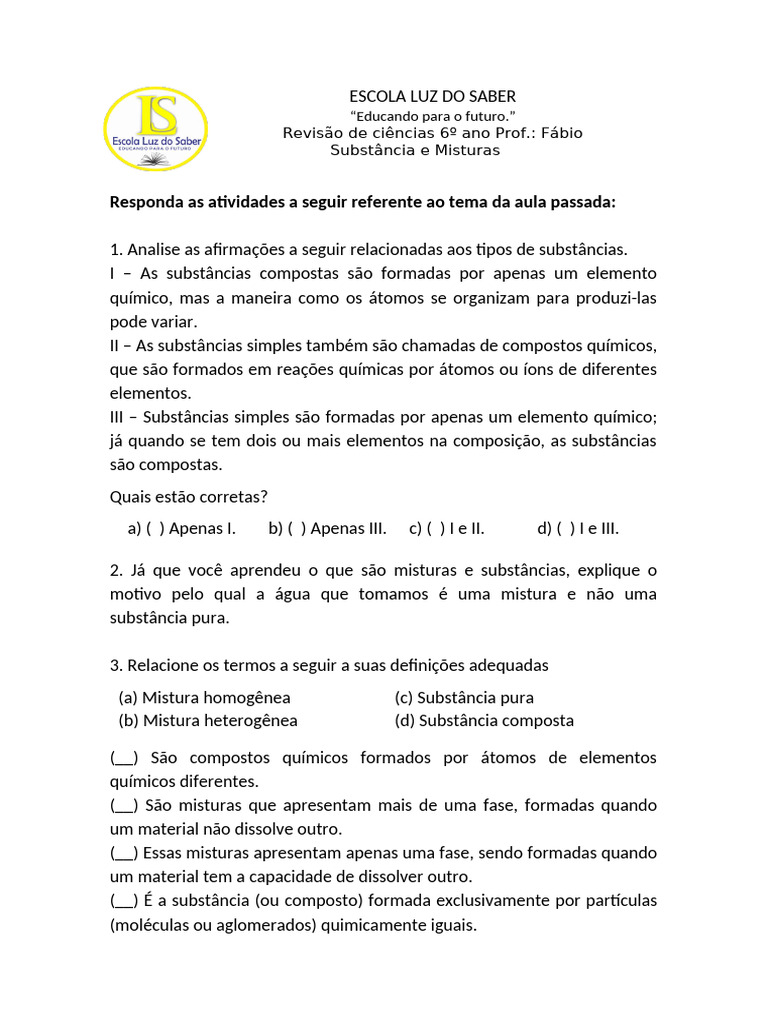 6 ANO REVISÃO Substâncias Puras e Misturas | PDF | Substancias químicas ...
