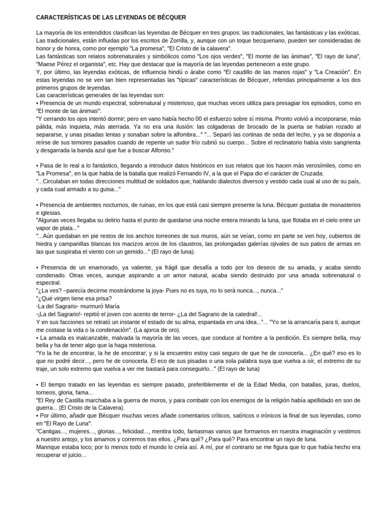 CARACTERÍSTICAS DE LAS LEYENDAS DE BÉCQUER | PDF