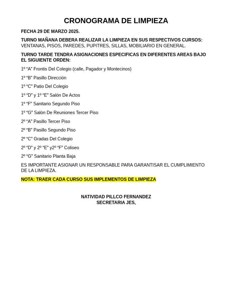 Cronograma de Limpieza | PDF