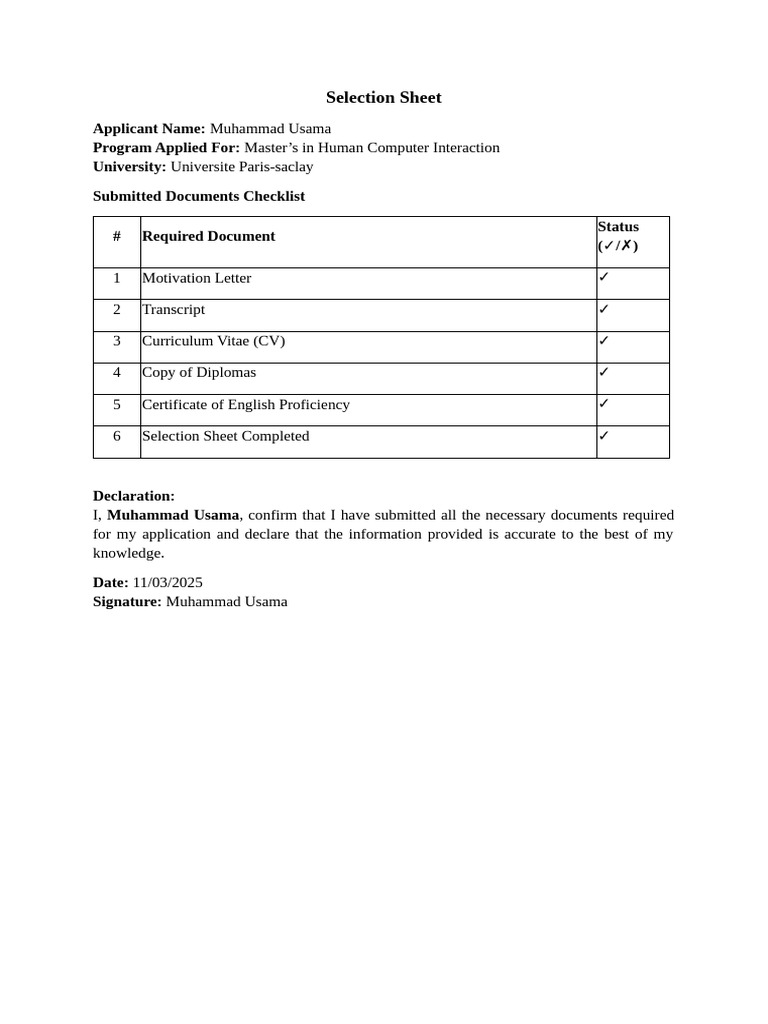 Selection Sheet | PDF