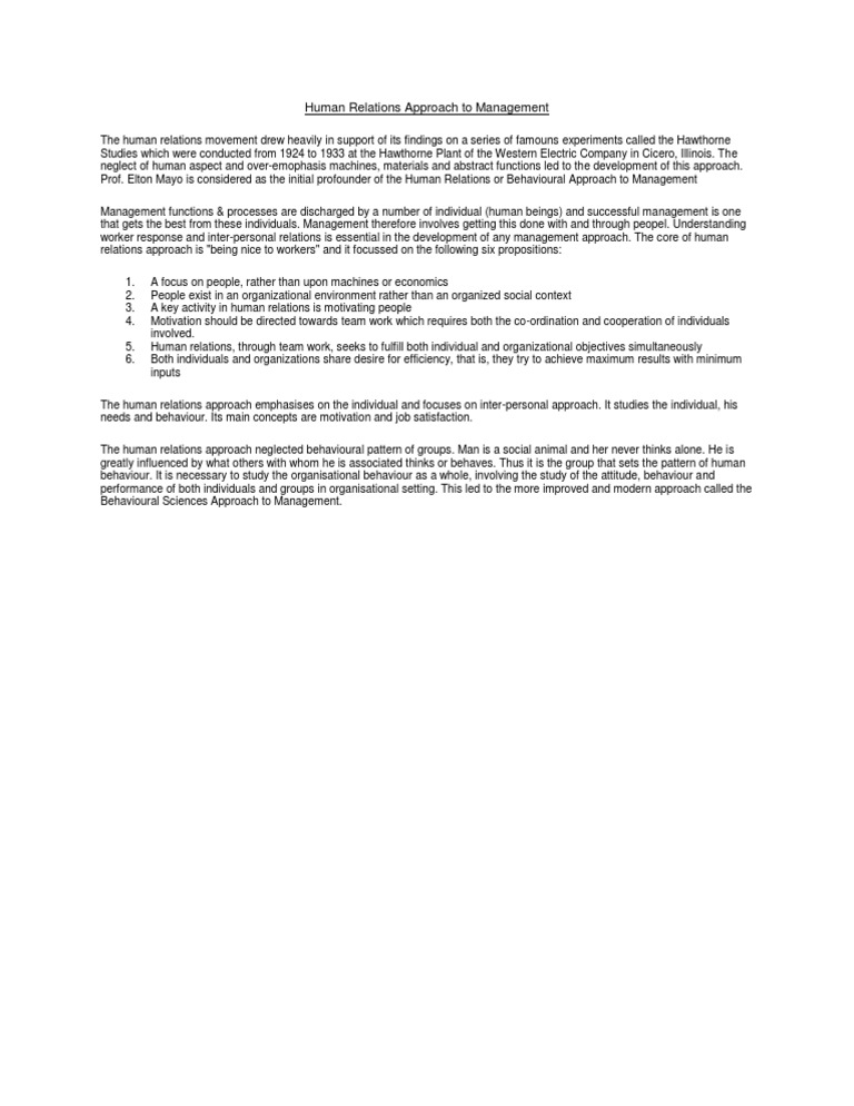 Human Relations Approach in Management | PDF