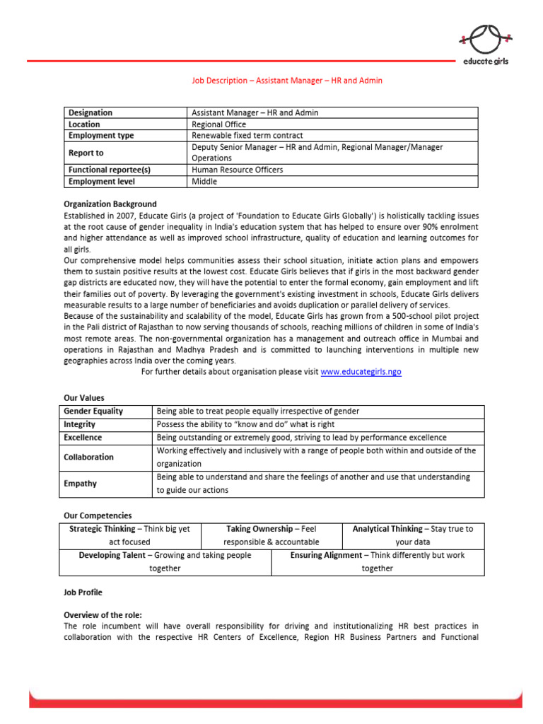 JD - Assistant Manager - HR Business Partner Human Resources | PDF ...