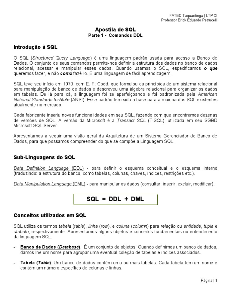 Apostila - Parte 1 - Comandos DDL | PDF | SQL | Tabela (banco de dados)