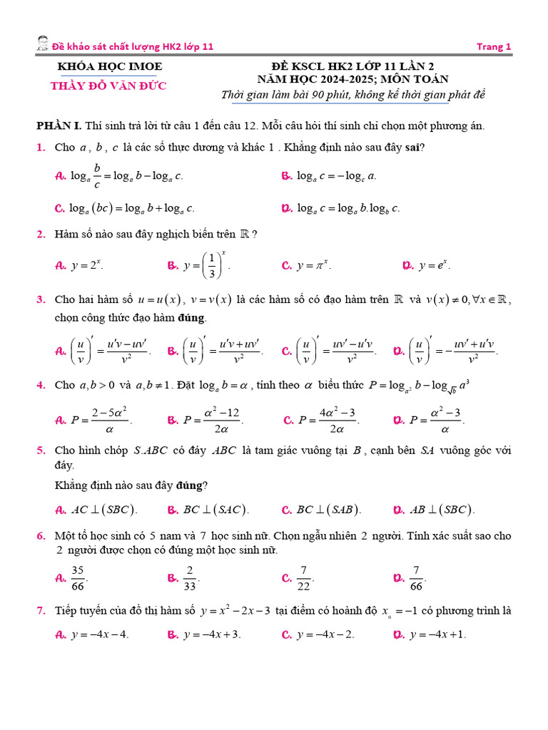 2025.03.12 X17 - ĐỀ KSCL HK2 - TOÁN 11 - ĐỀ 2 | PDF