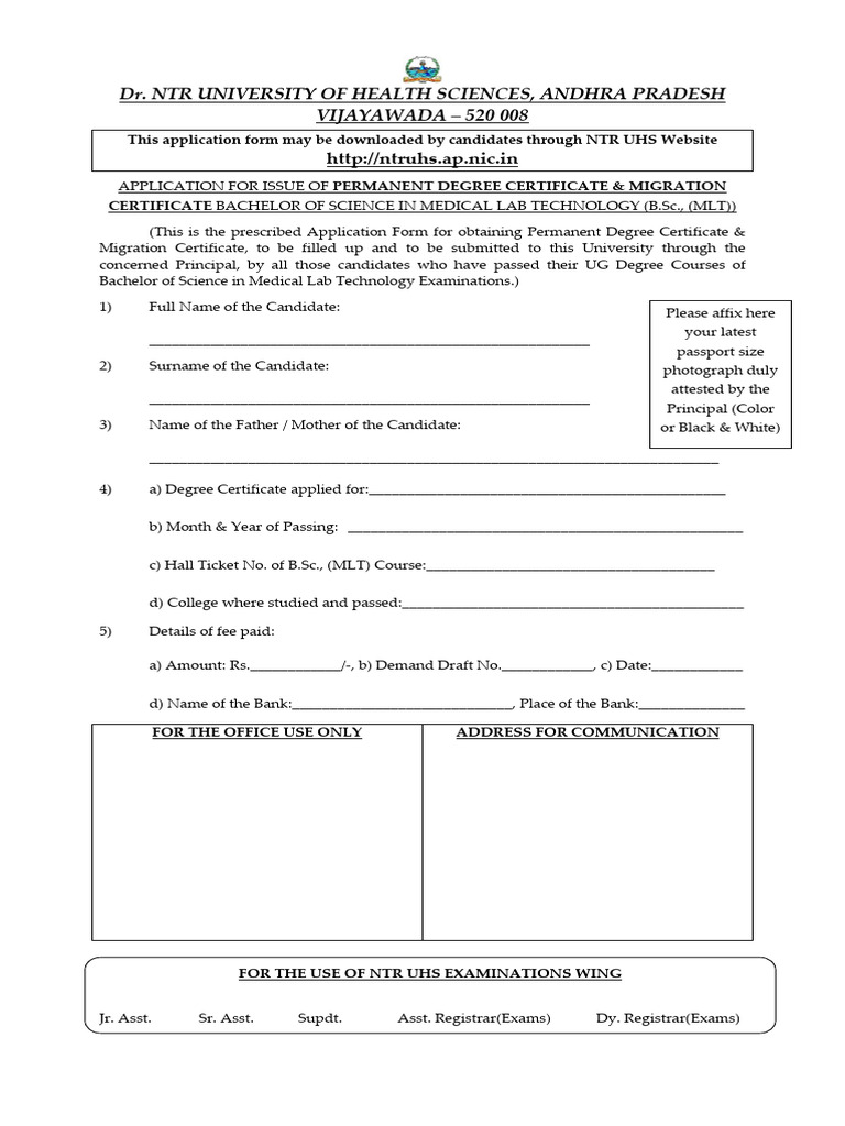 B.Sc. MLT Degree & Migration Certificate Application | PDF