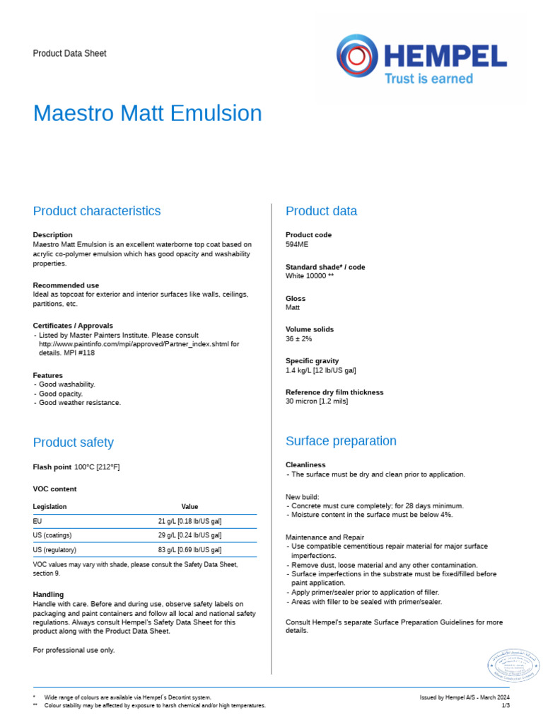 Maestro Matt Emulsion Product Overview | PDF | Paint | Humidity