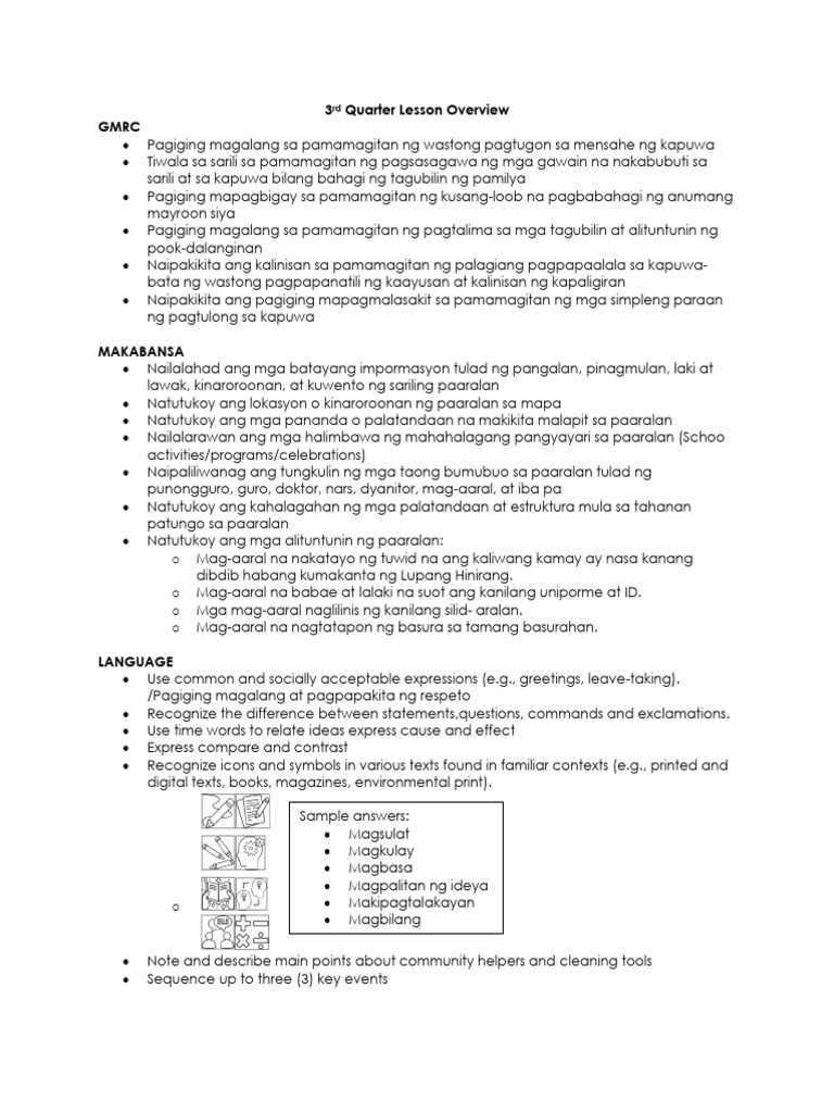 Grade 1 3rd Quarter Lesson Overview | PDF