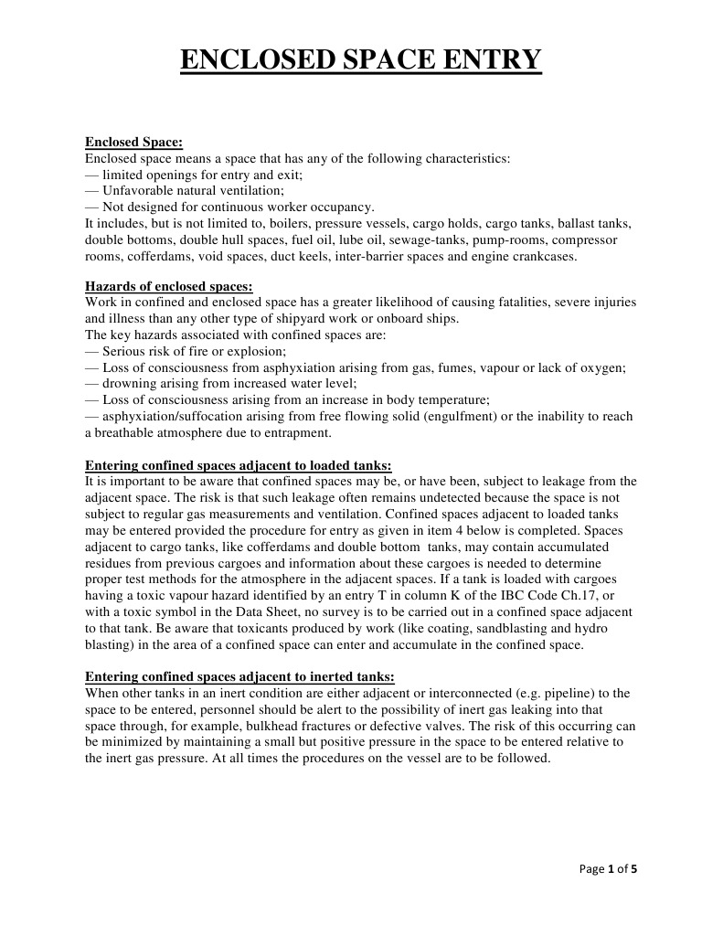 Enclosed Space Entry Precautions Onboard Ships | PDF | Safety | Nature