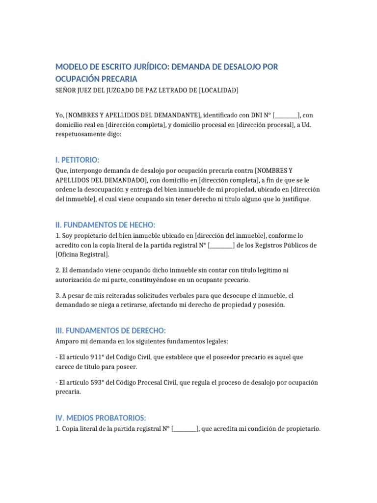 Demanda de Desalojo por Ocupación Precaría | PDF